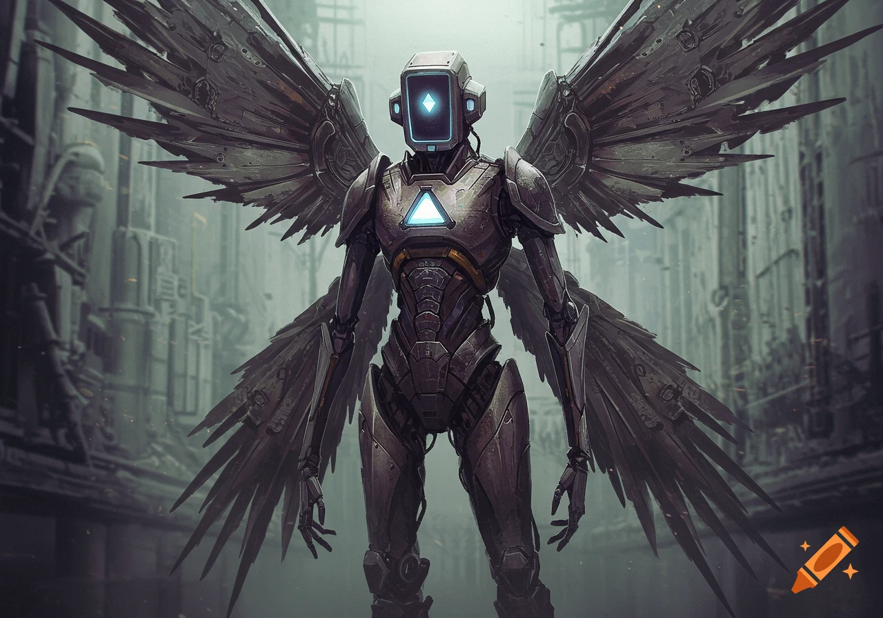 A large, detailed, rusted, dark grey robot with glowing blue lights on ...