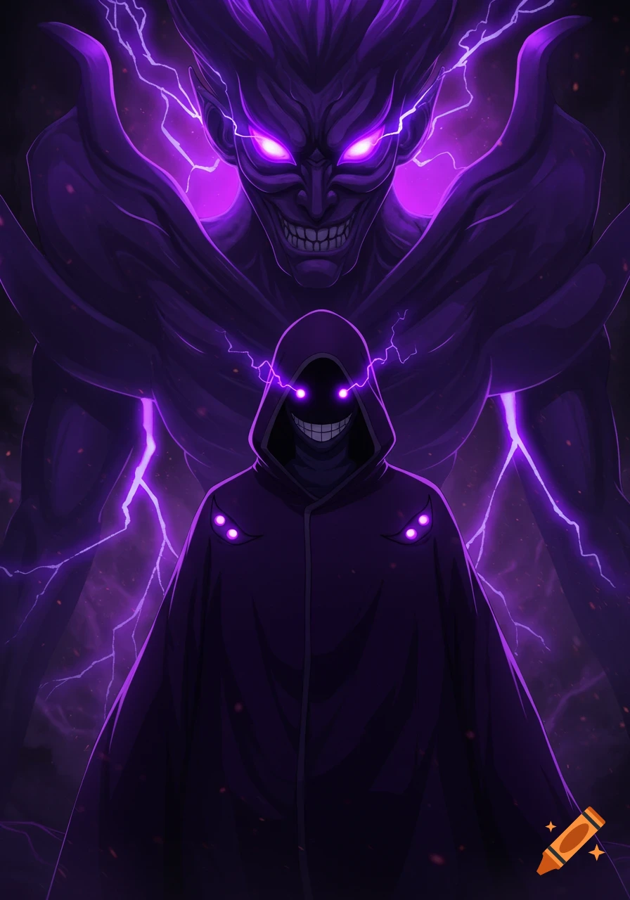 An anime-style figure in a dark cloak with many glowing purple eyes ...