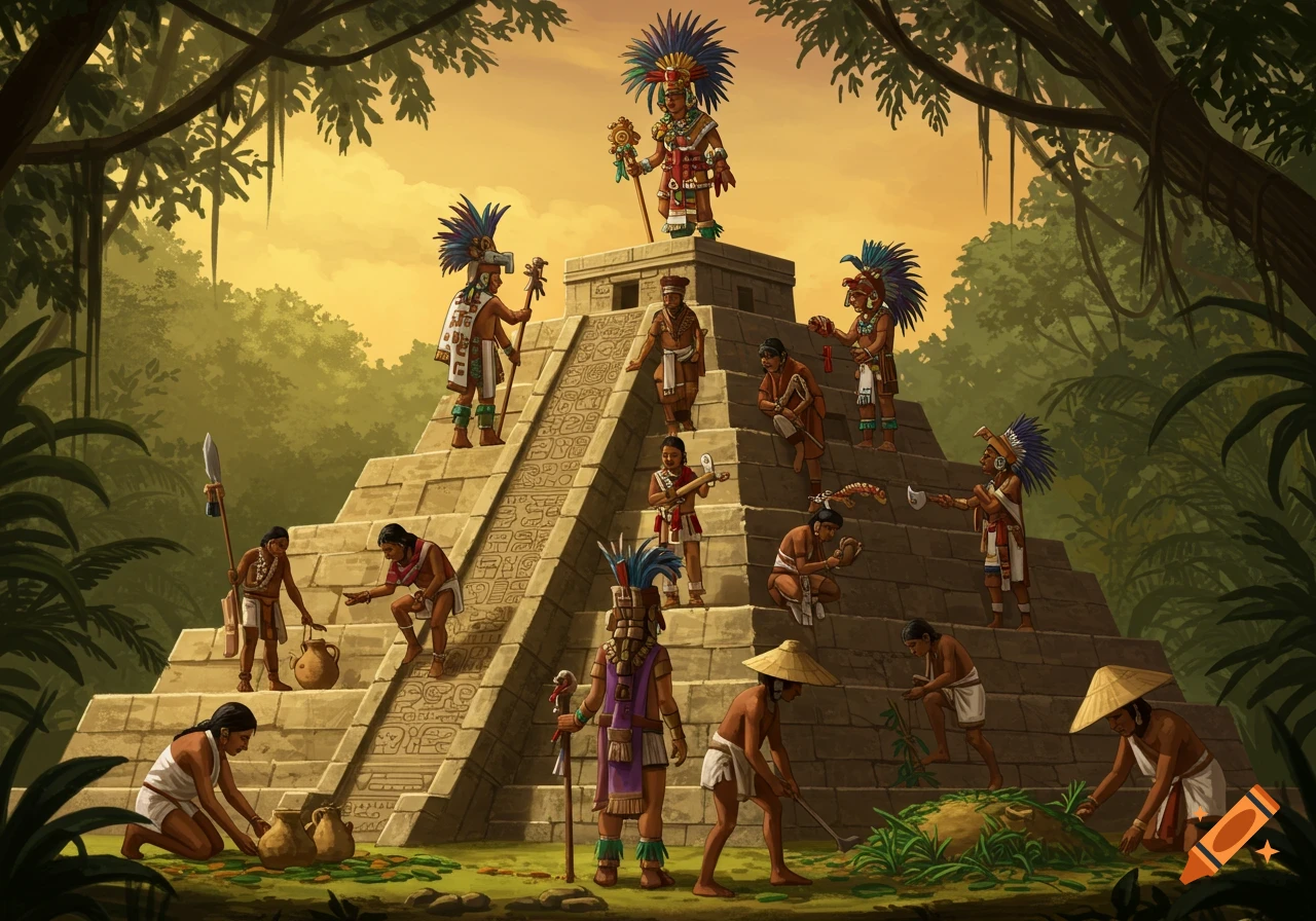 An illustrated scene of Maya people depicting social classes on and ...