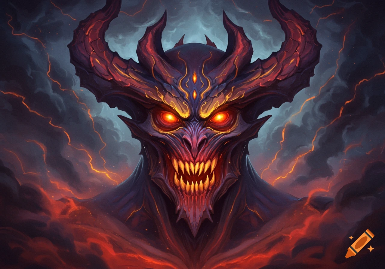 Close-up of an angry powerful fantasy god with ram horns, one side a ...