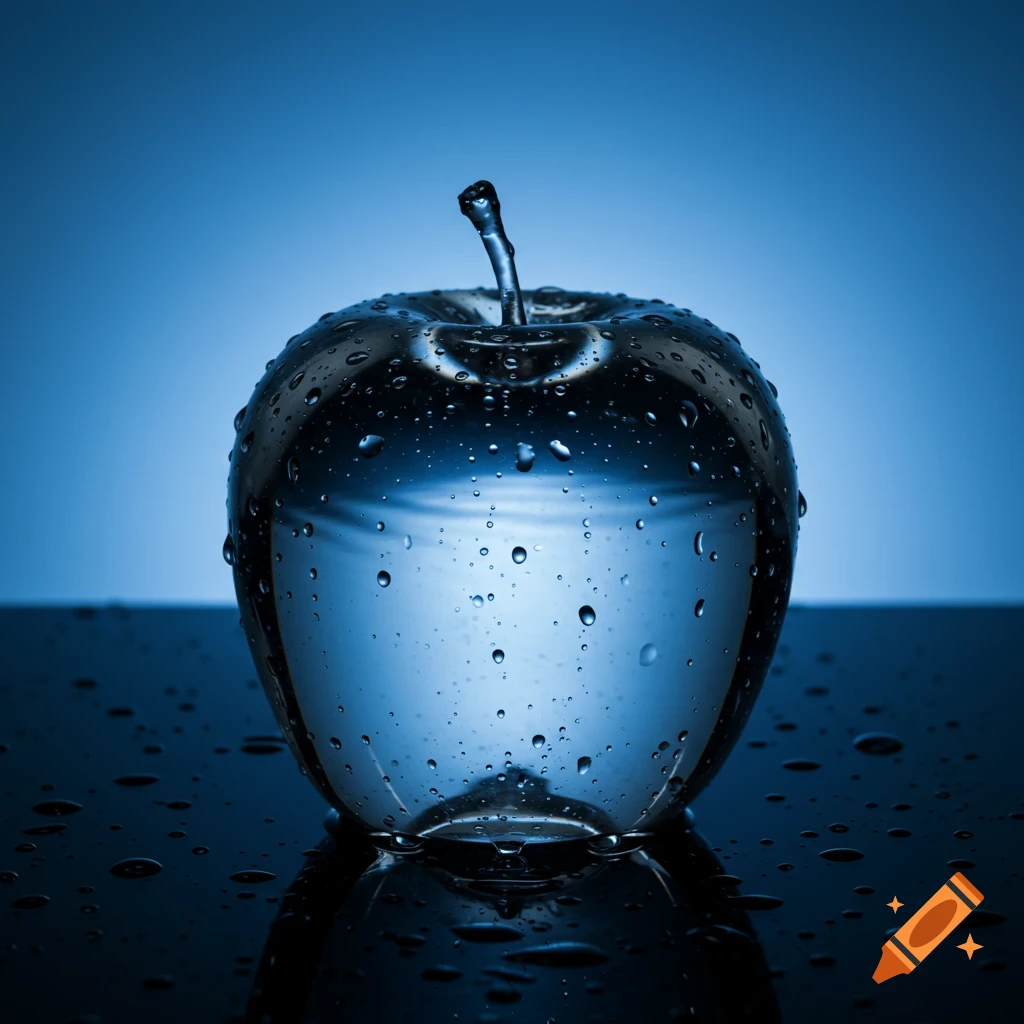 A crystal-clear apple made of water with droplets, sitting on a ...