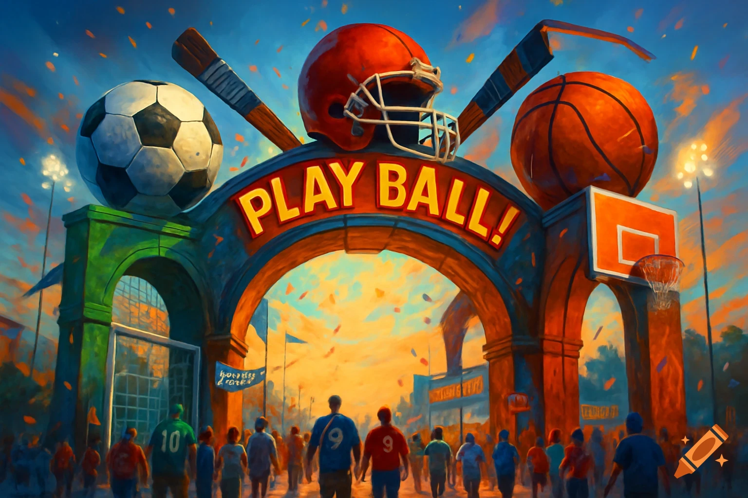 A joyful boy and girl holding trophies in a stadium with a cheering ...