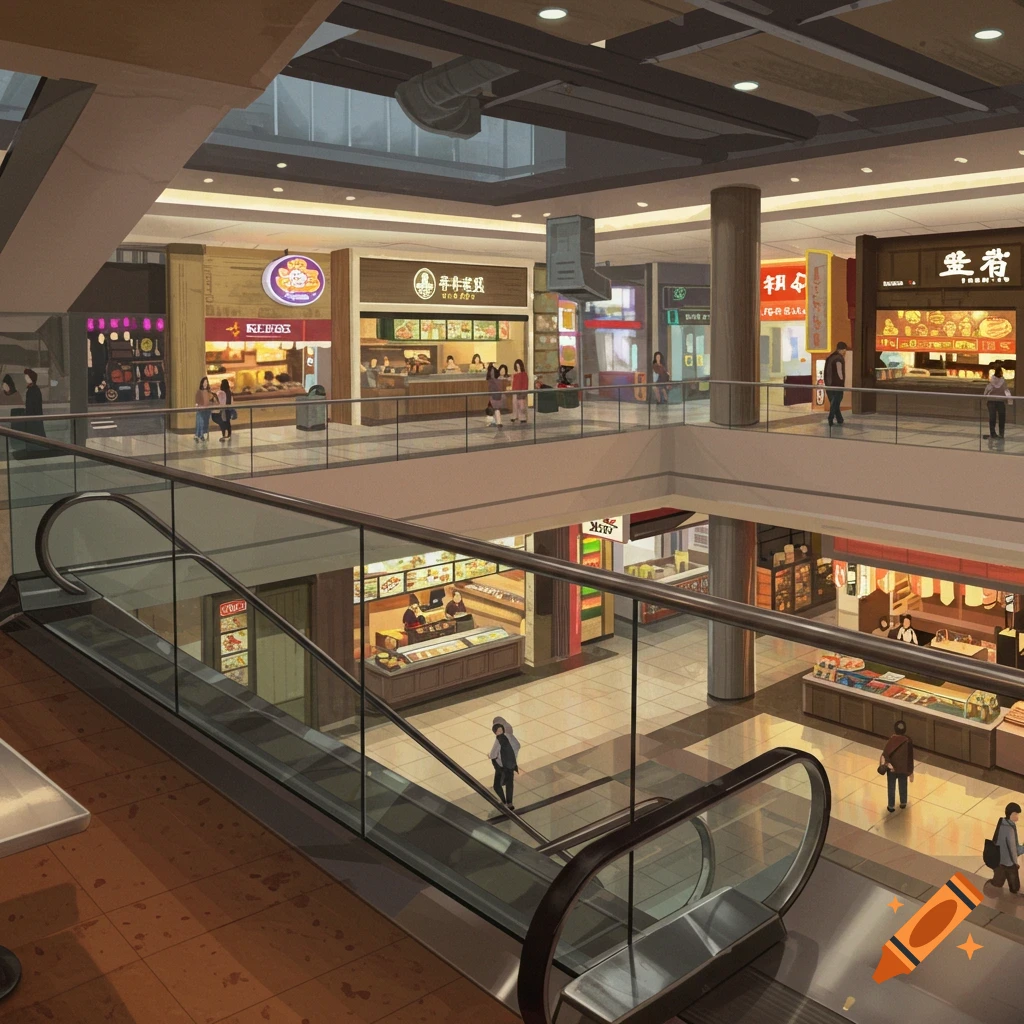 An illustrative view of a bustling multi-level mall food court with ...