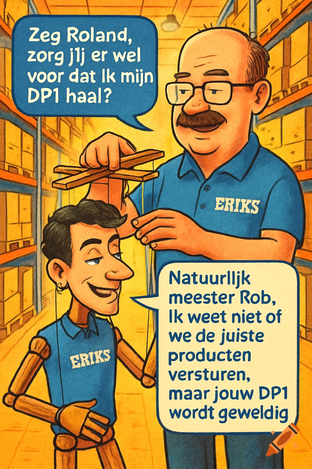 A hand-drawn cartoon shows a man with a mustache controlling a puppet ...