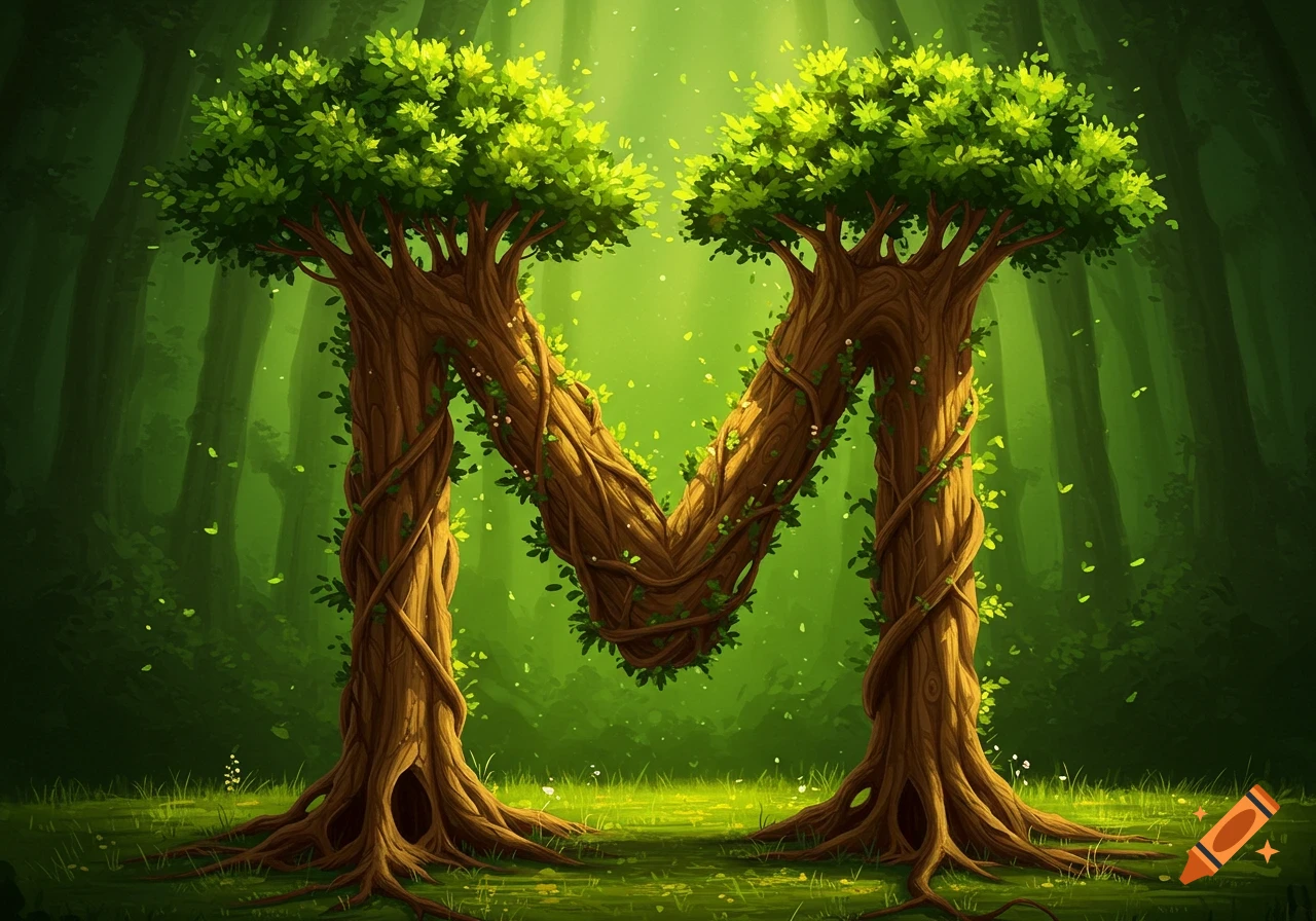 Lush green forest scene with two large trees forming the letter 'M ...