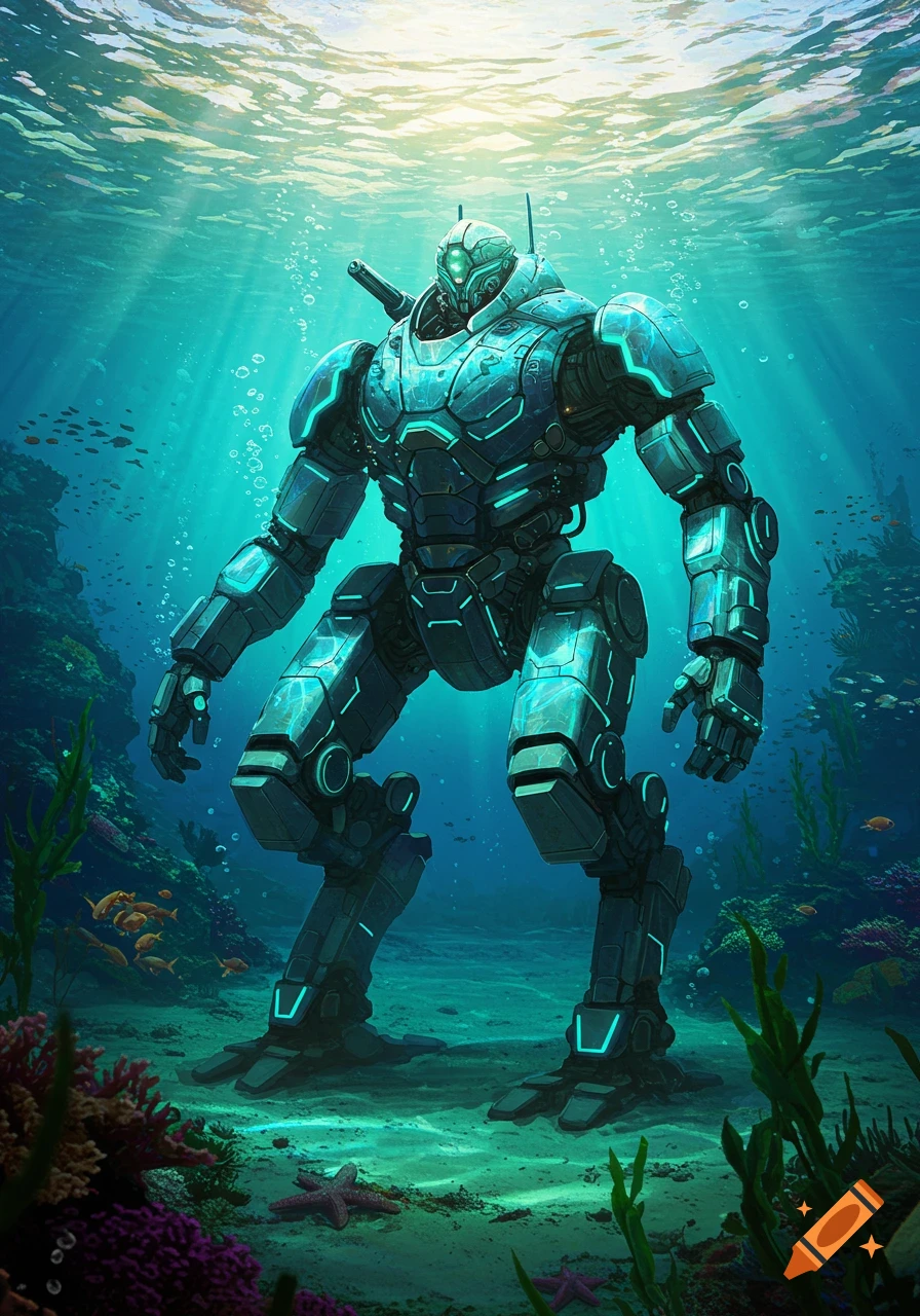 A blue and black futuristic submarine mech robot stands on a sandy reef ...