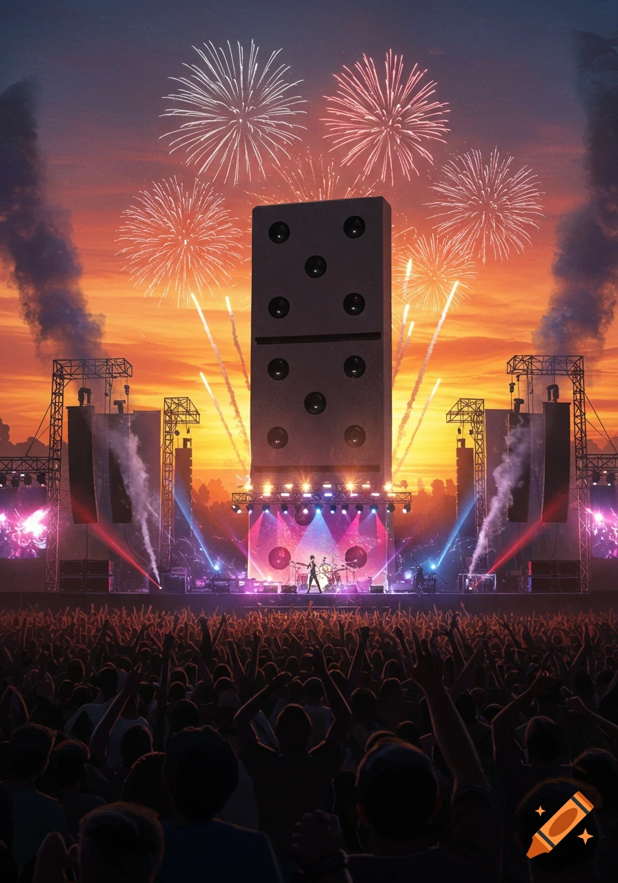 A giant domino stands center stage at an outdoor rock concert ...