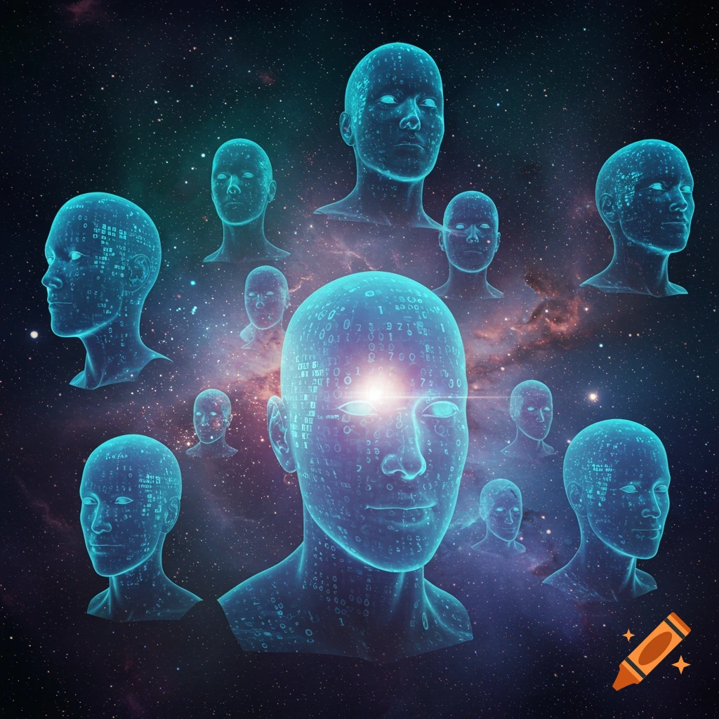 Digital human heads made of blue glowing code float in a vast, star ...