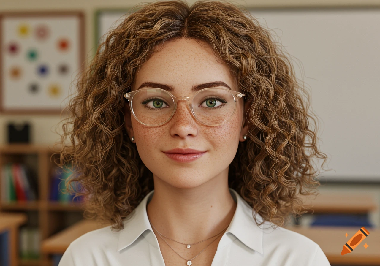 Photorealistic portrait of a friendly young female teacher with curly ...