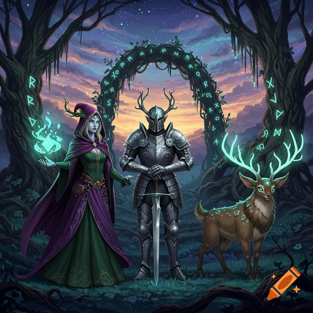 A fantasy illustration of a witch, a knight in stag-horned armor, and a ...