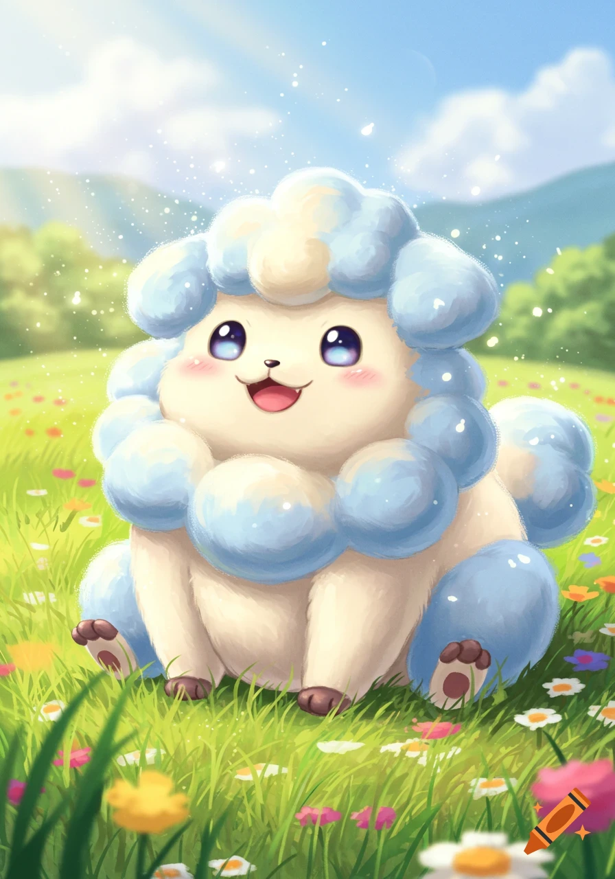 A white chibi creature with large purple eyes, small wings, and long ...