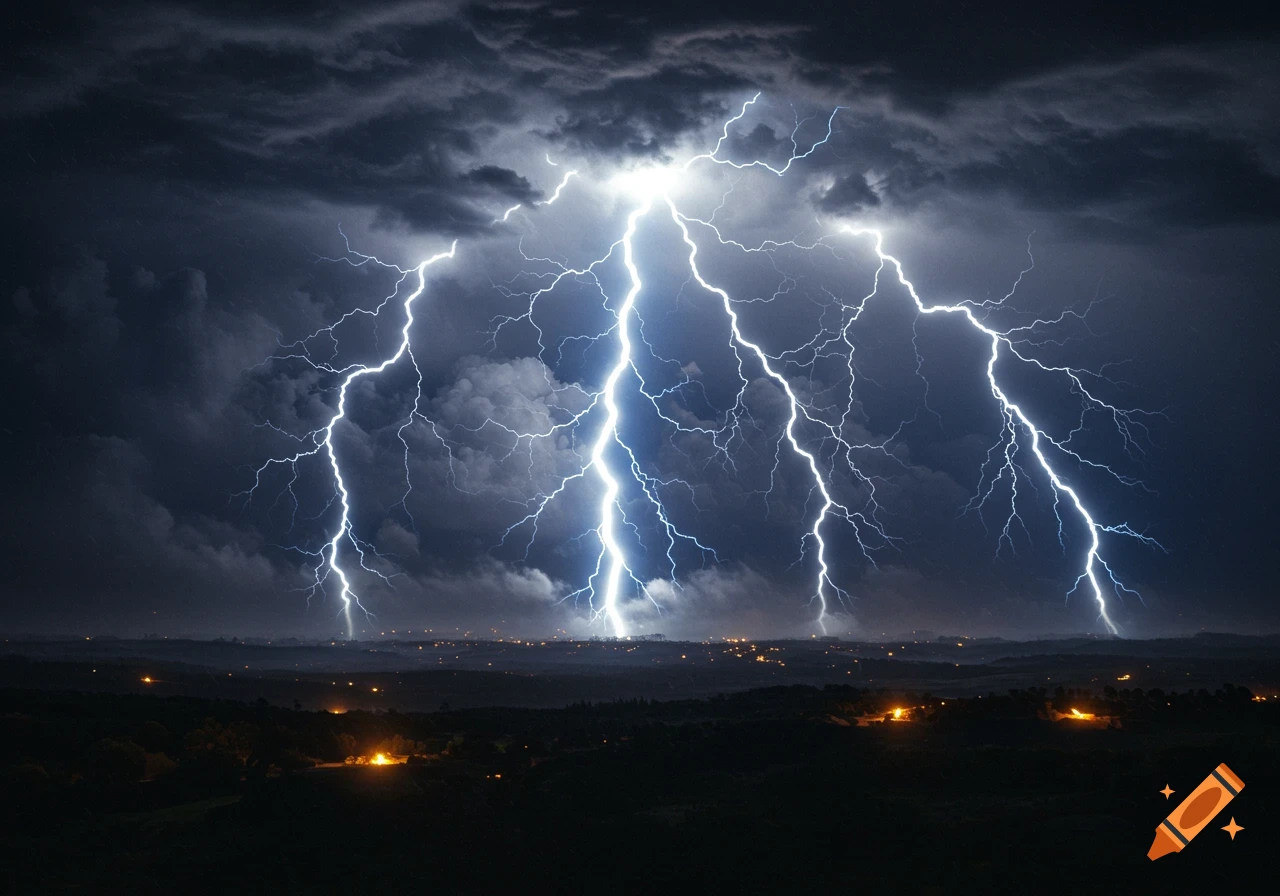 Multiple bright lightning bolts strike from dark storm clouds over a ...