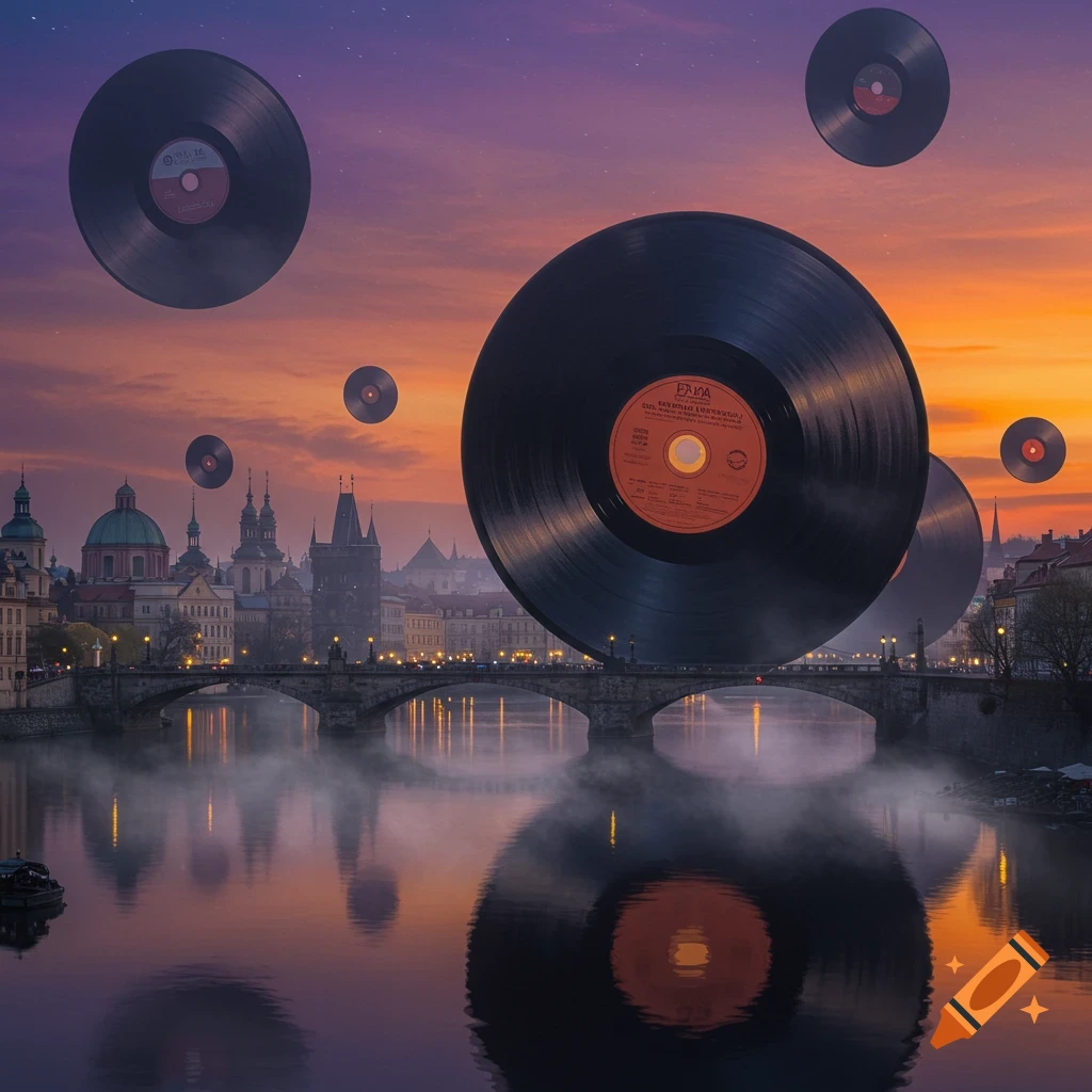 Surreal cityscape with giant vinyl records floating above a river with ...