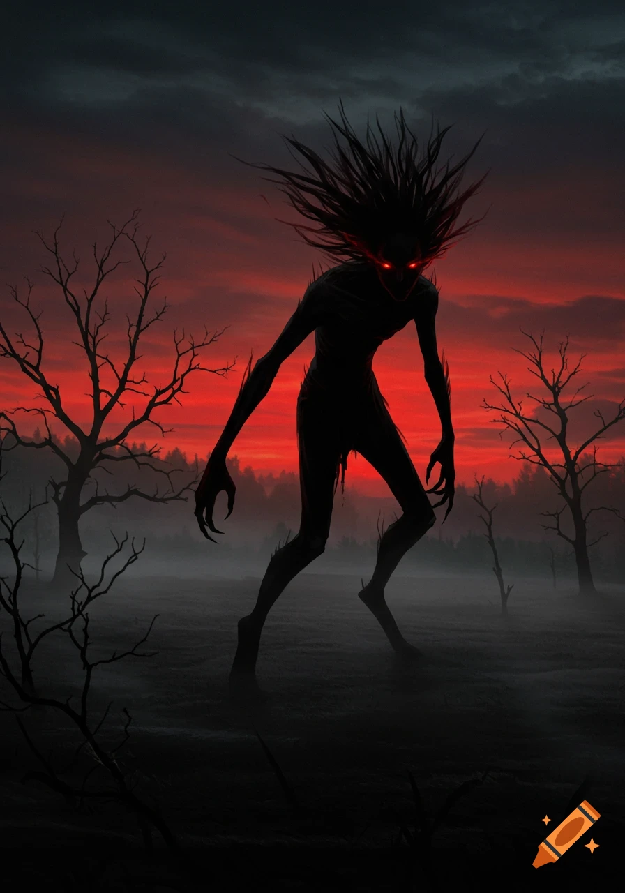 A silhouetted black skinwalker with spiky hair and glowing red eyes ...