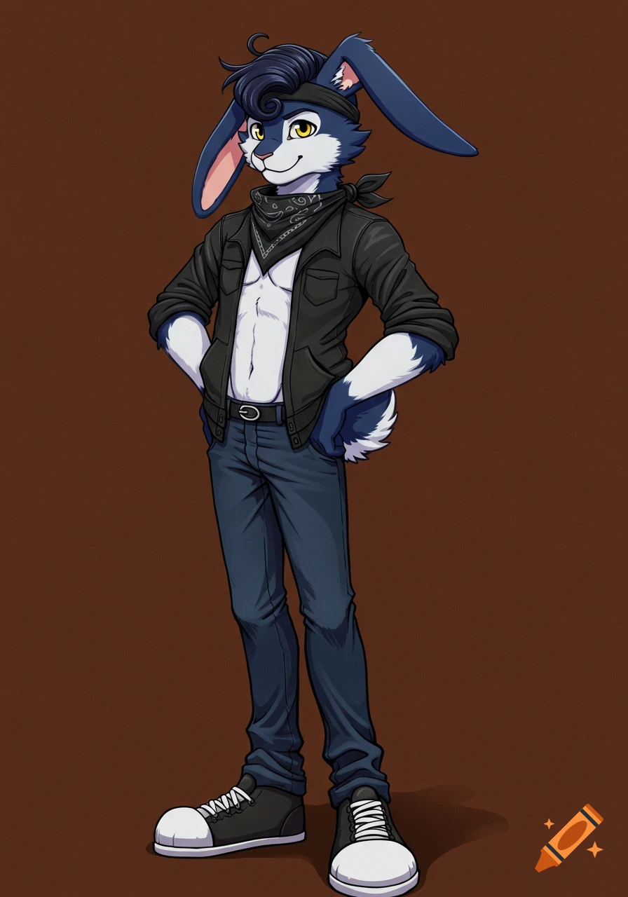 A cartoon anthro dark blue and white rabbit with a pompadour haircut ...