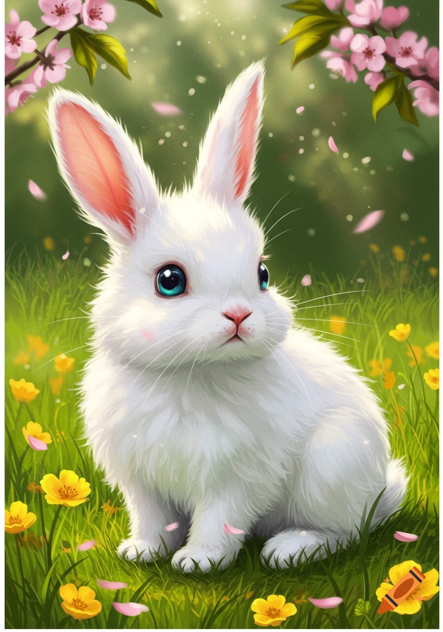 A cute white rabbit with blue eyes sits in a field of purple flowers ...