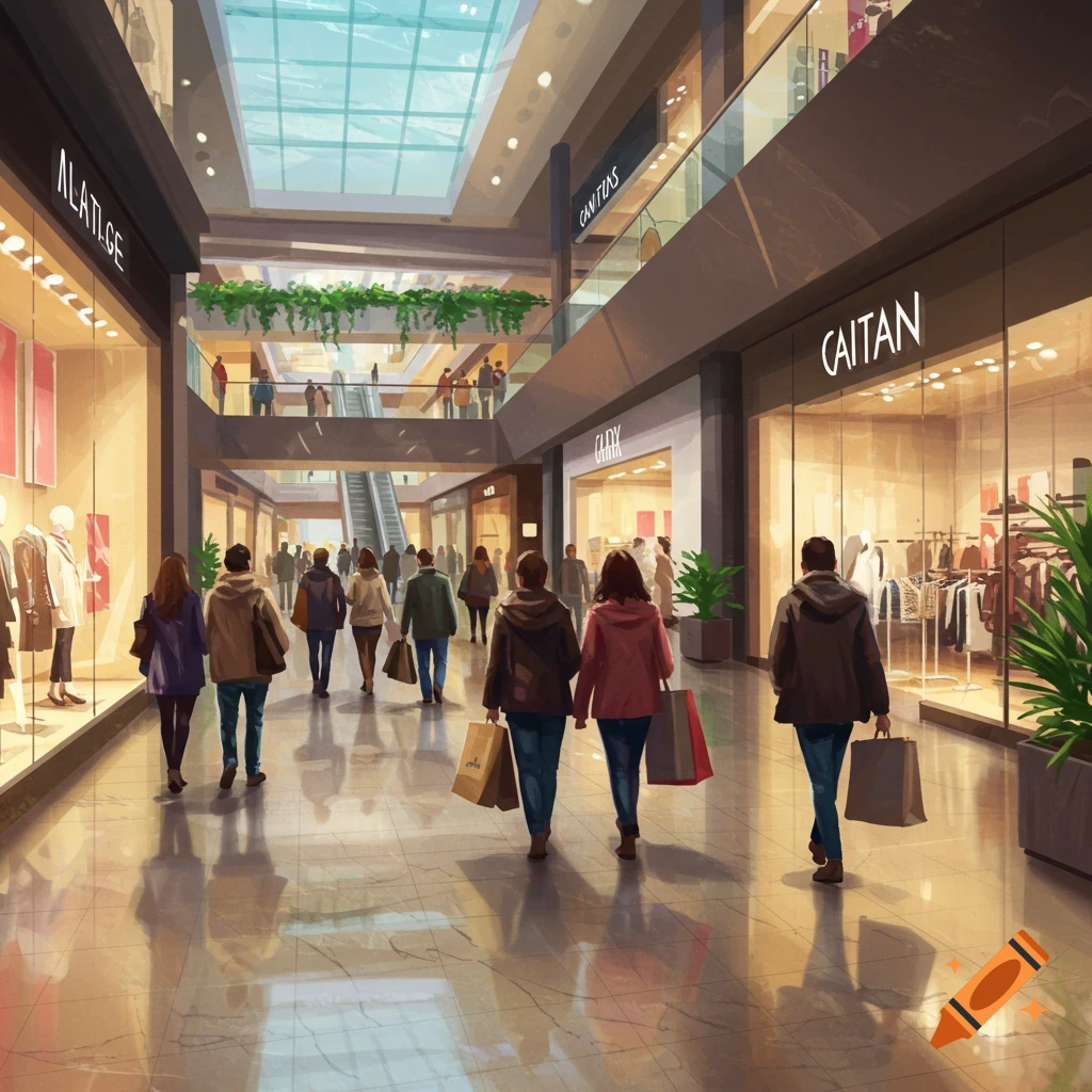 Illustration of people walking and shopping in a brightly lit, multi ...