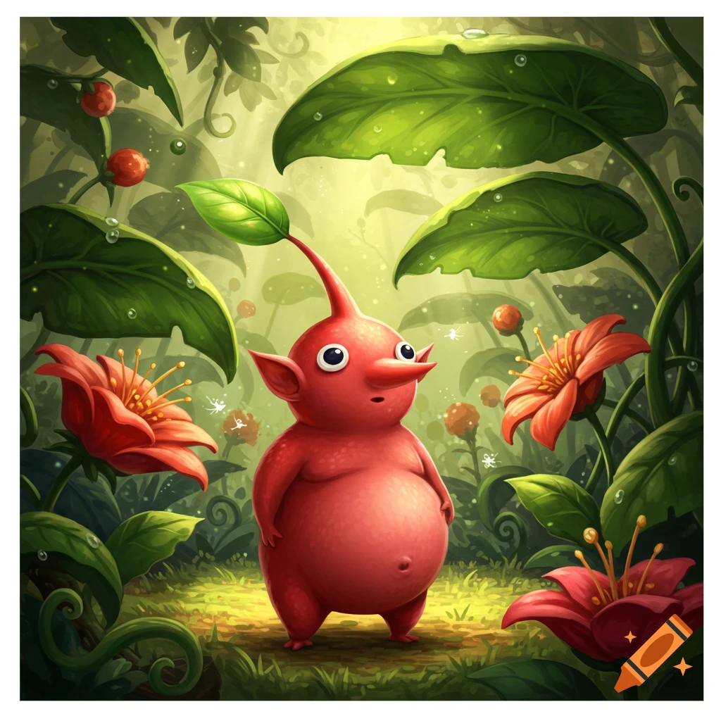 A red Pikmin with a leaf on its head stands in a lush, sun-dappled ...