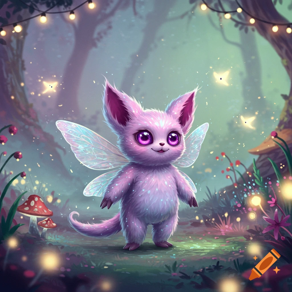 A fluffy, purple, fairy-winged creature with large pink eyes stands in ...