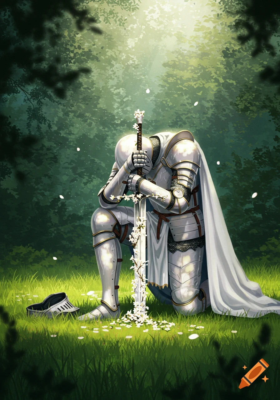 Manhwa style image of a knight in armor and a red cape raising a sword ...