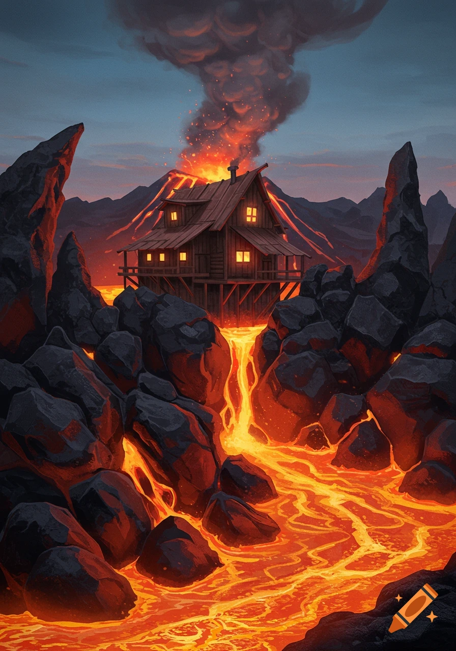 Dramatic fantasy landscape with a central fiery explosion, glowing lava ...