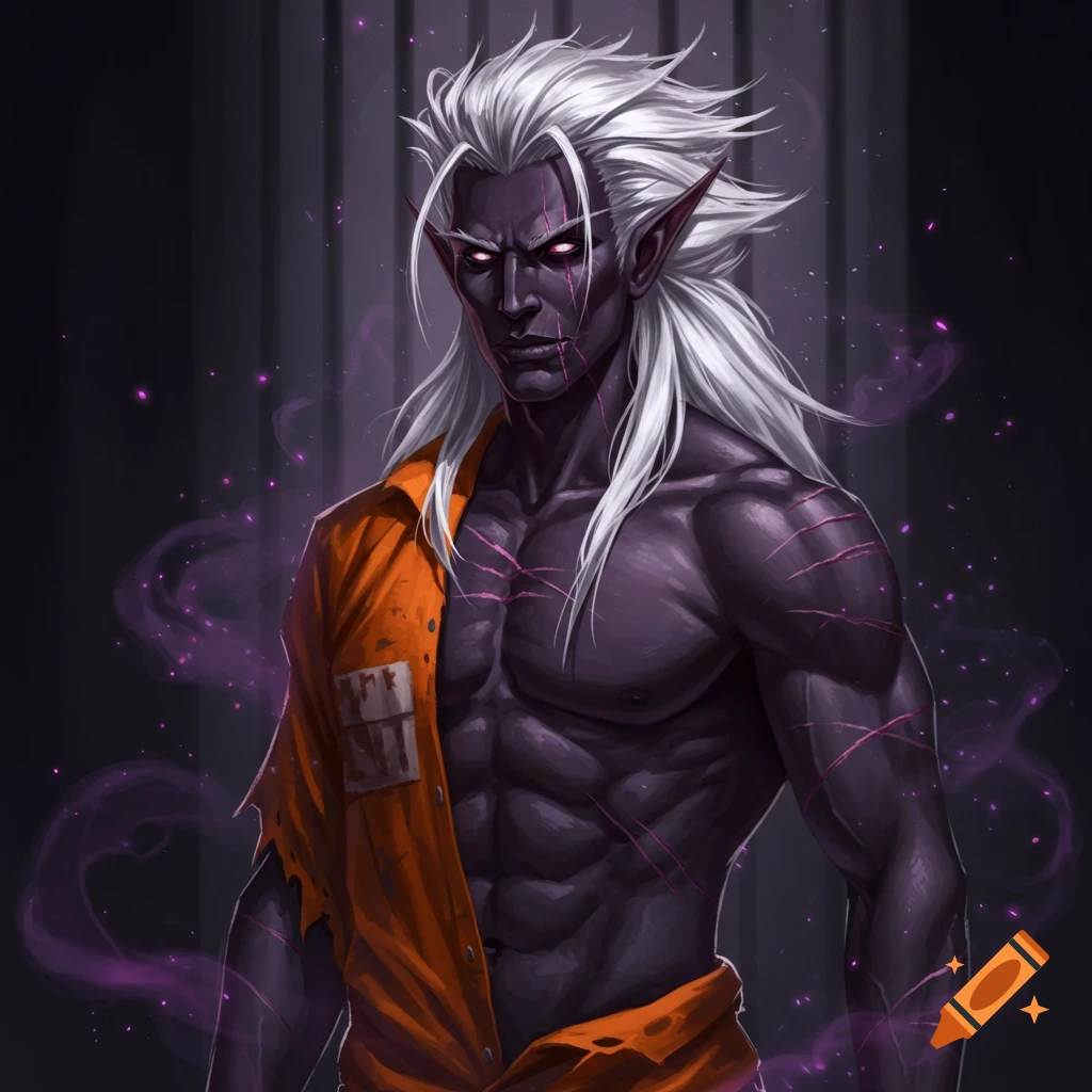 A muscular male drow with dark skin, white wild hair, glowing eyes, and ...