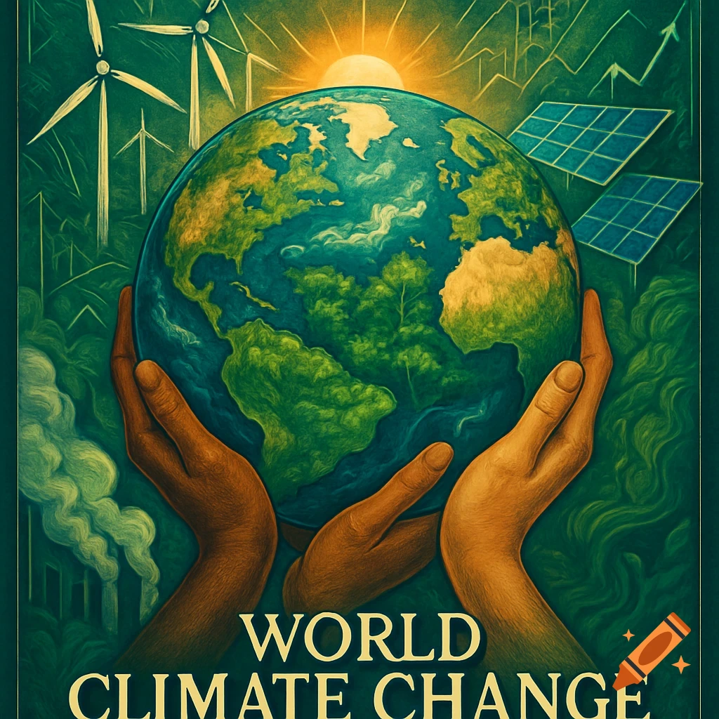 An artistic poster of hands holding a globe, with 'WORLD CLIMATE CHANGE ...