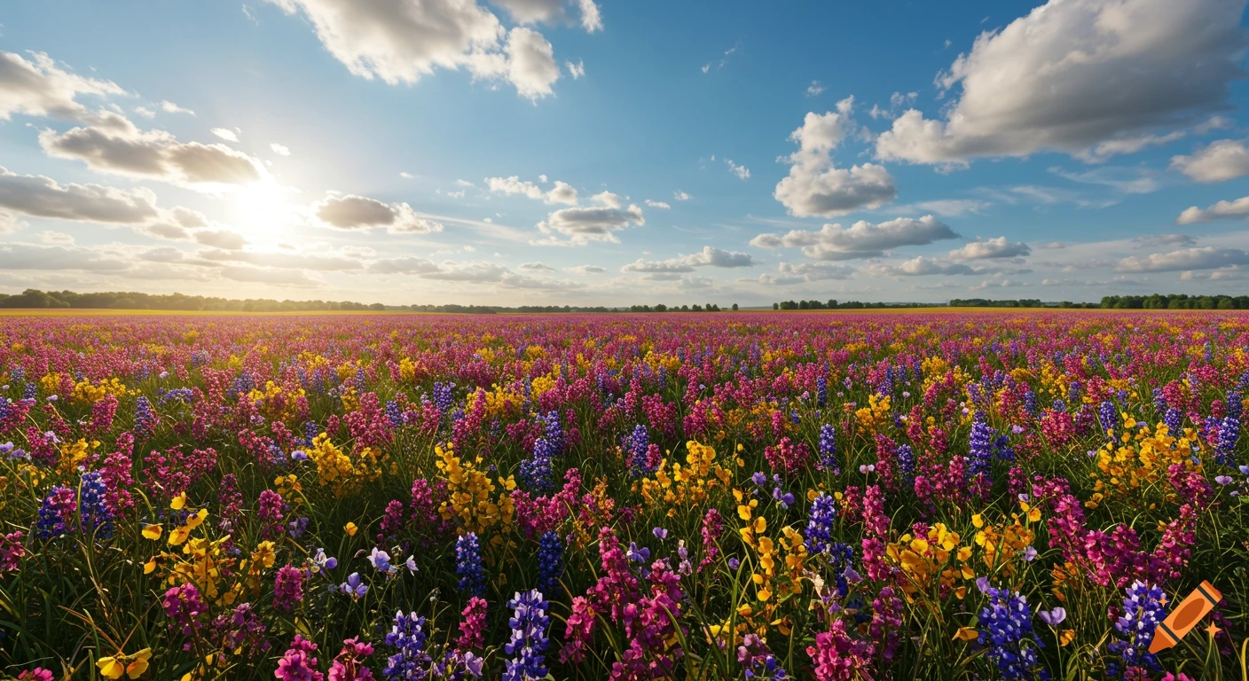 Vibrant flower field under a bright, sunny sky with scattered clouds ...