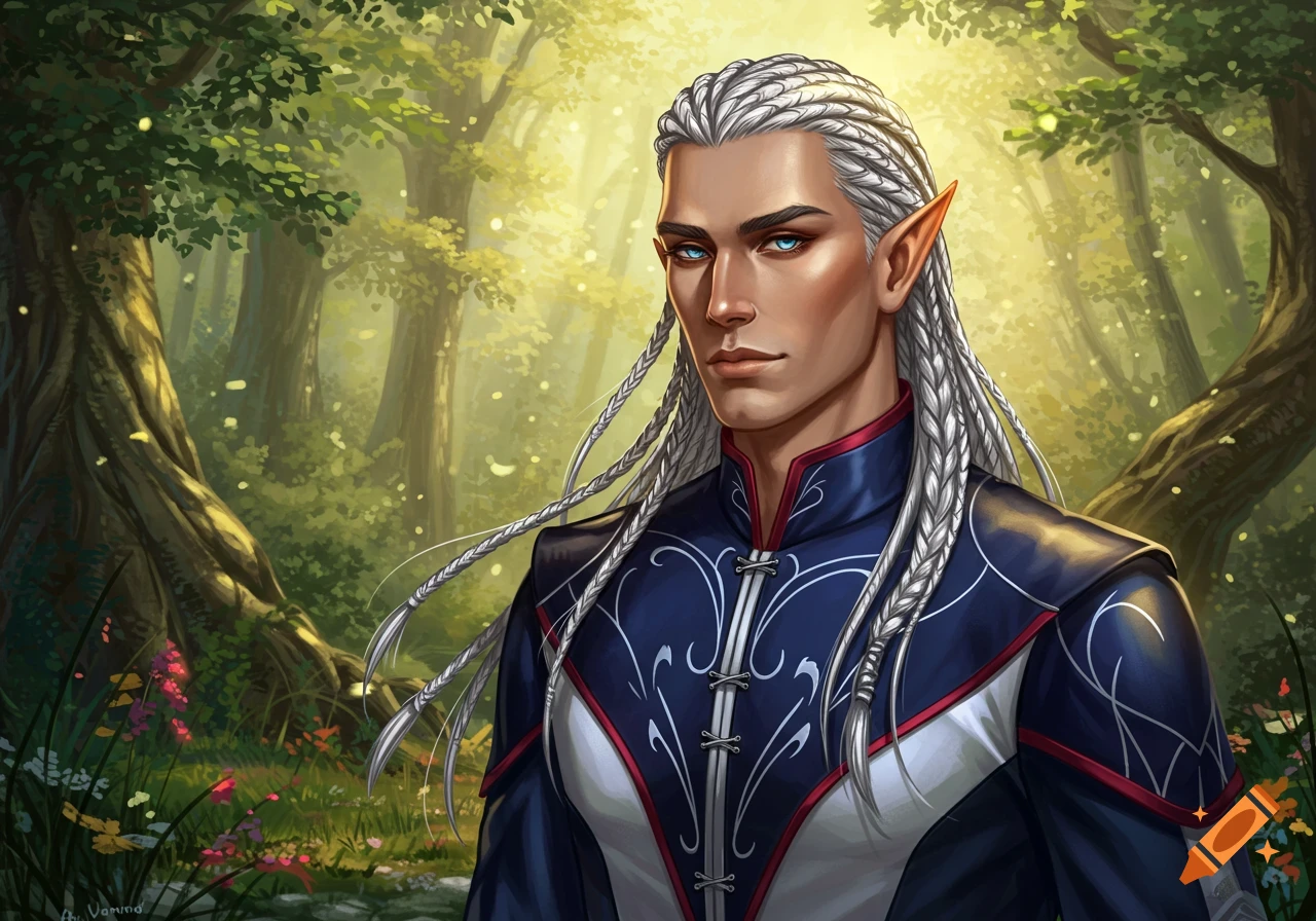 A handsome male elf with silver braided hair, blue eyes, and a navy and ...