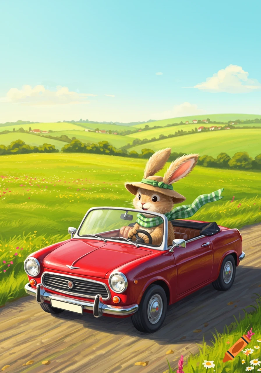 A whimsical alpaca in a pilot's cap drives a red classic car with a ...