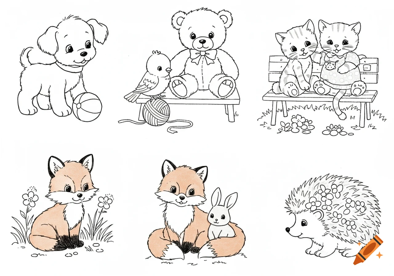 Line art coloring page with six cute animals: a puppy, teddy bear with ...