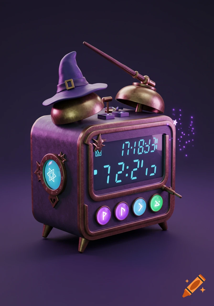 A purple and gold wizard-themed digital alarm clock with a witch hat ...