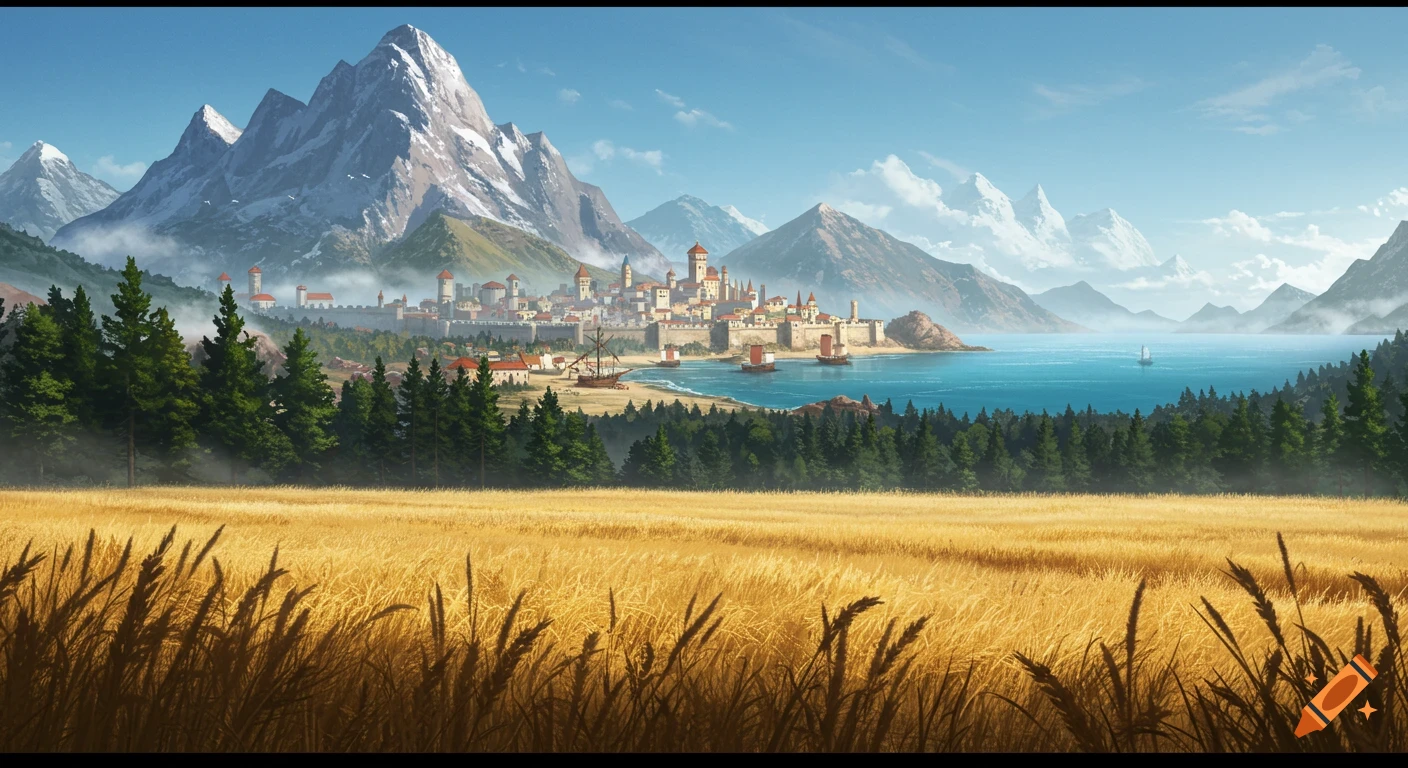 Panoramic digital fantasy of a snow-covered Nordic valley city with ...