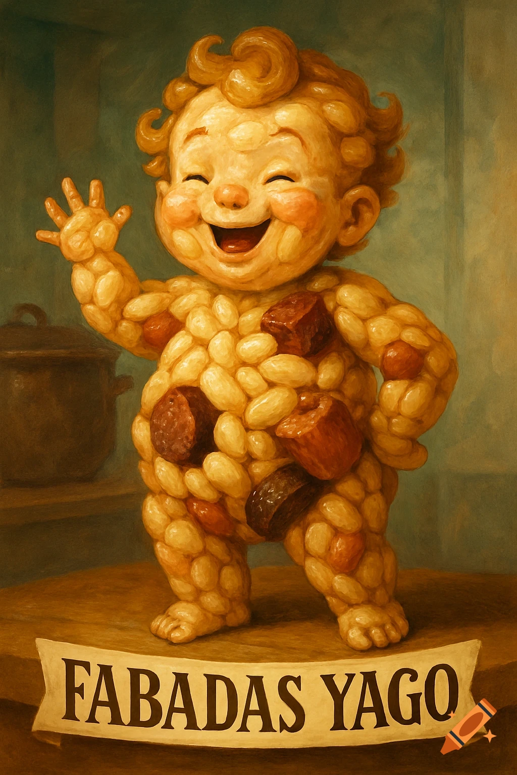 Illustrative painting of a cheerful baby-like figure made of white ...