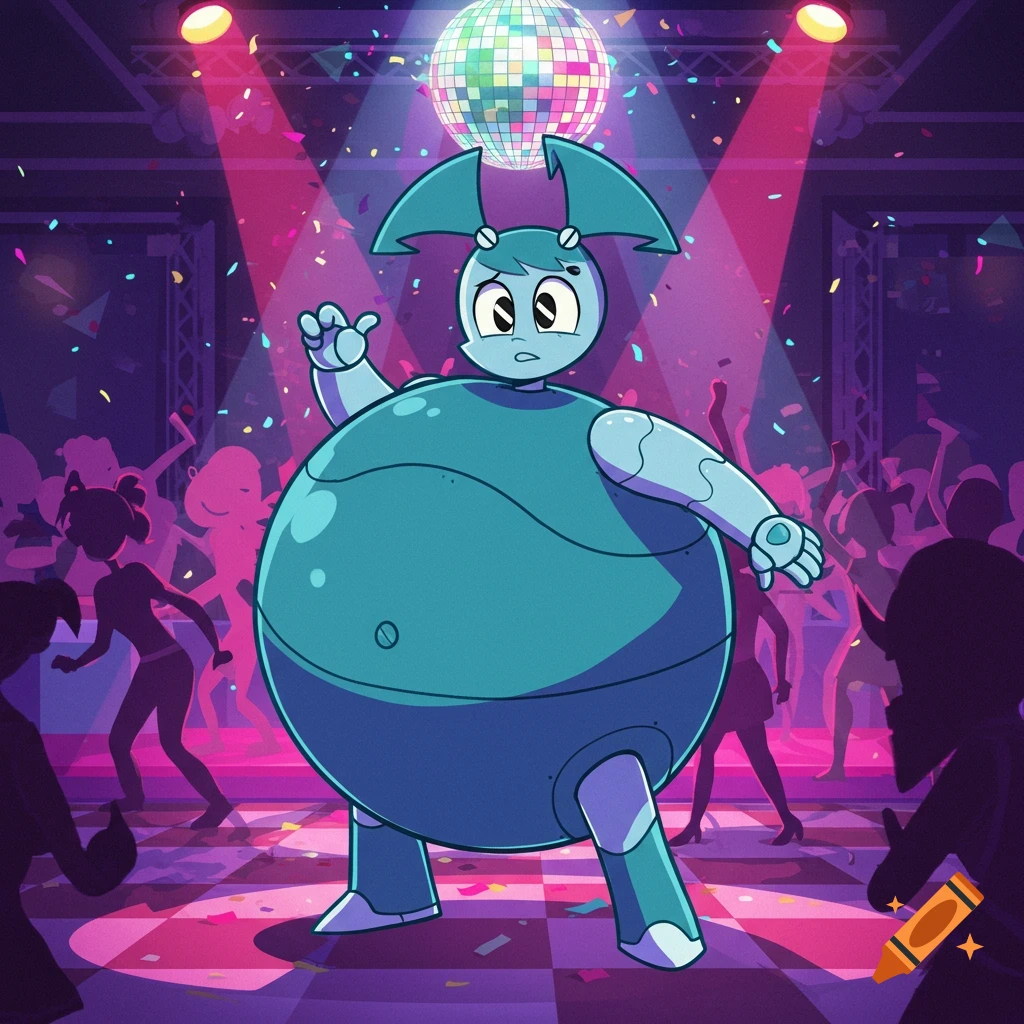 A 2D cartoon of Jenny Wakeman XJ9, a teal robot in a teal dress ...