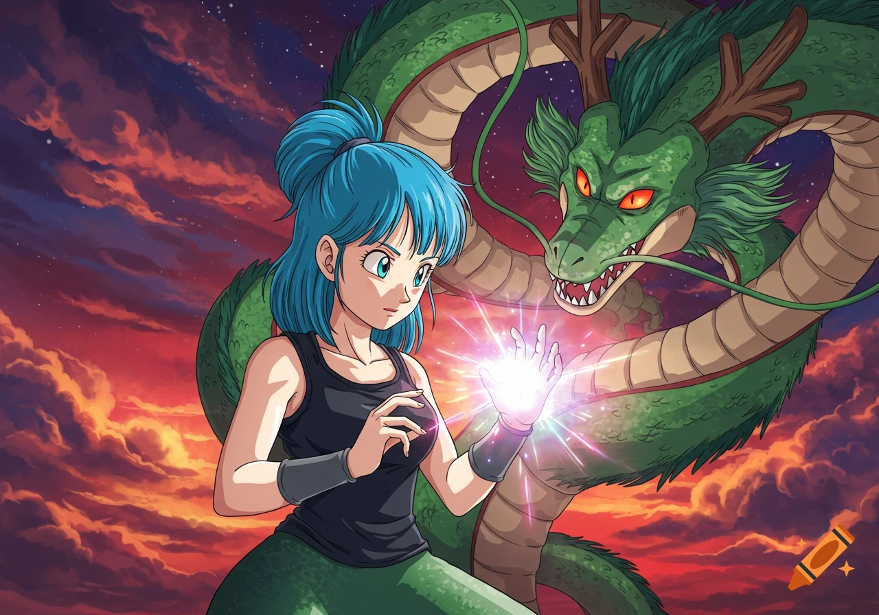 Anime character Bulma, with dragon scales, conjures light while the ...