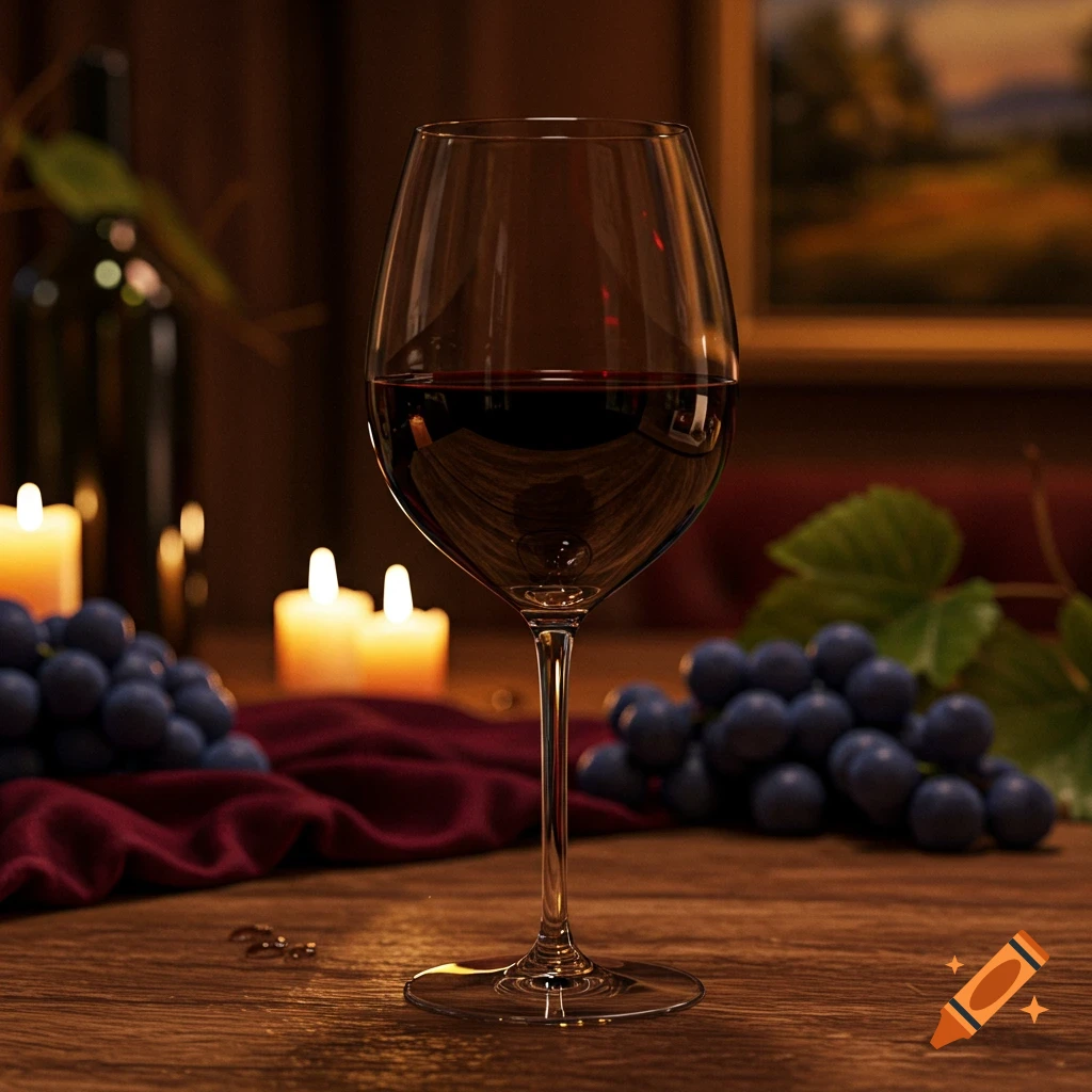 A glass of red wine with a stylized letter 'f' forming the stem and ...