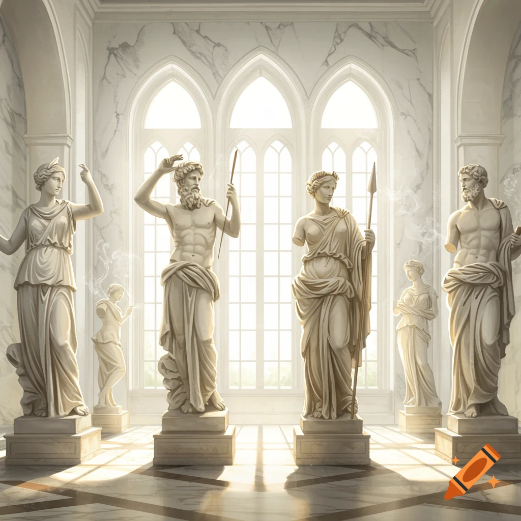 A bright hall filled with classical Greek and Roman marble statues of ...