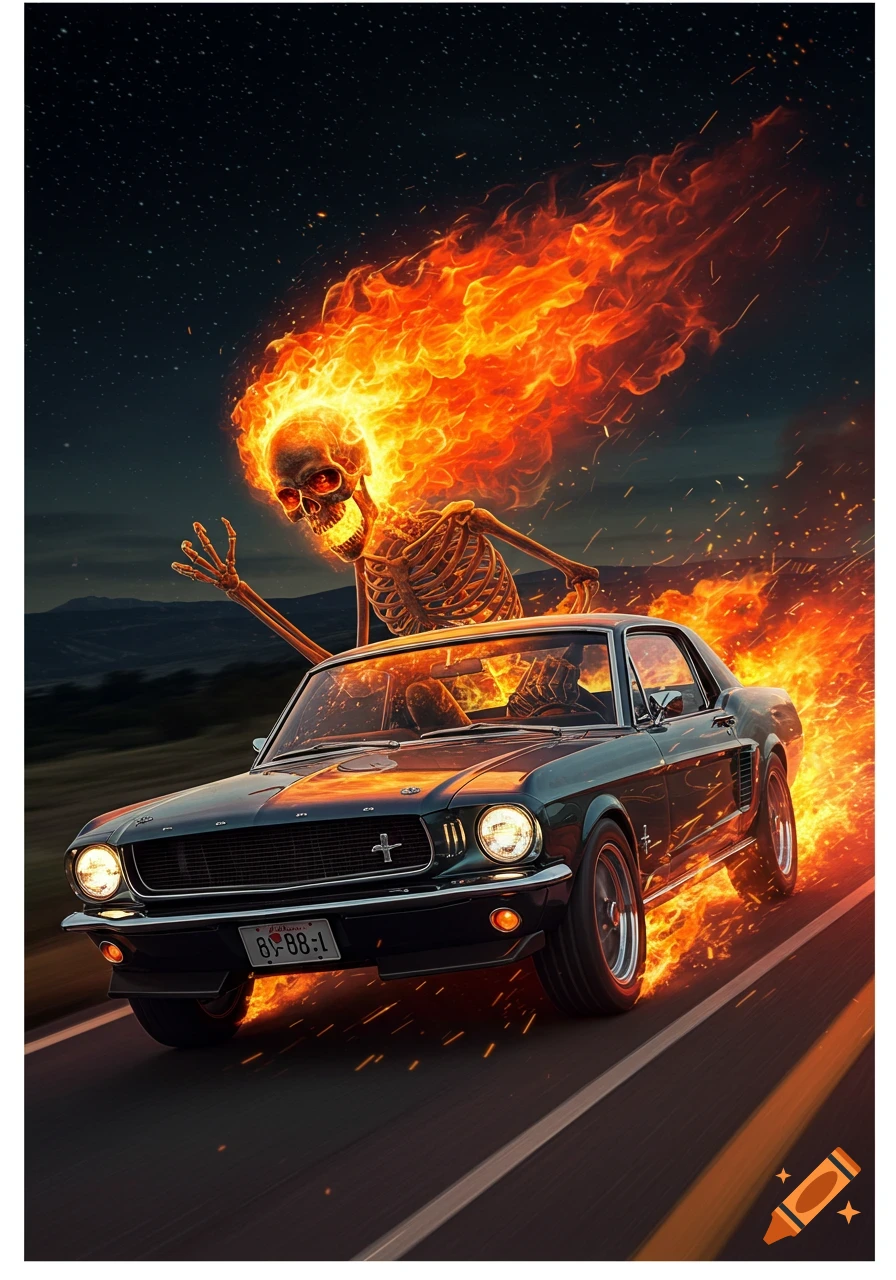 A flaming skeleton drives a dark green classic Ford Mustang at night on ...