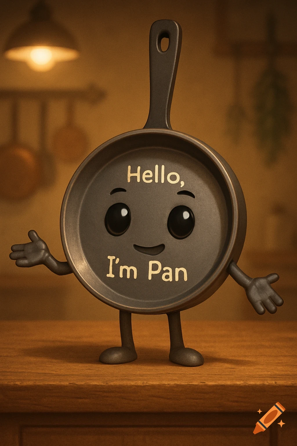 A cute, smiling 3D illustrated anthropomorphic frying pan waves on a ...