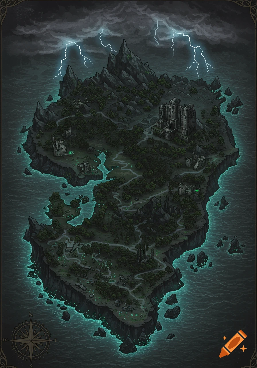 Top-down sci-fi battle map featuring a river, glowing blue crystals ...