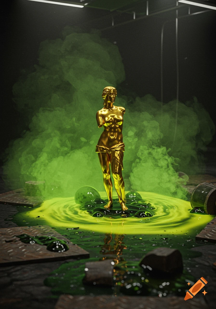 A golden, armless Venus statue stands in a pool of bright green ...