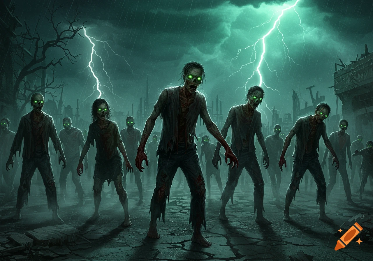 A horde of zombies with glowing green eyes shuffles through a stormy ...