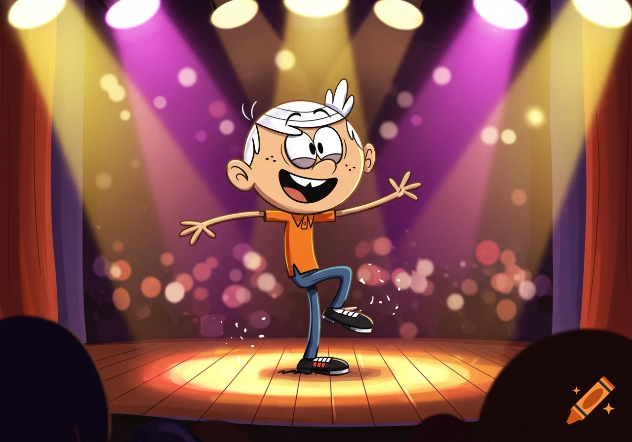 2D cartoon of Bluey Heeler tap dancing on a stage in a red bird costume ...