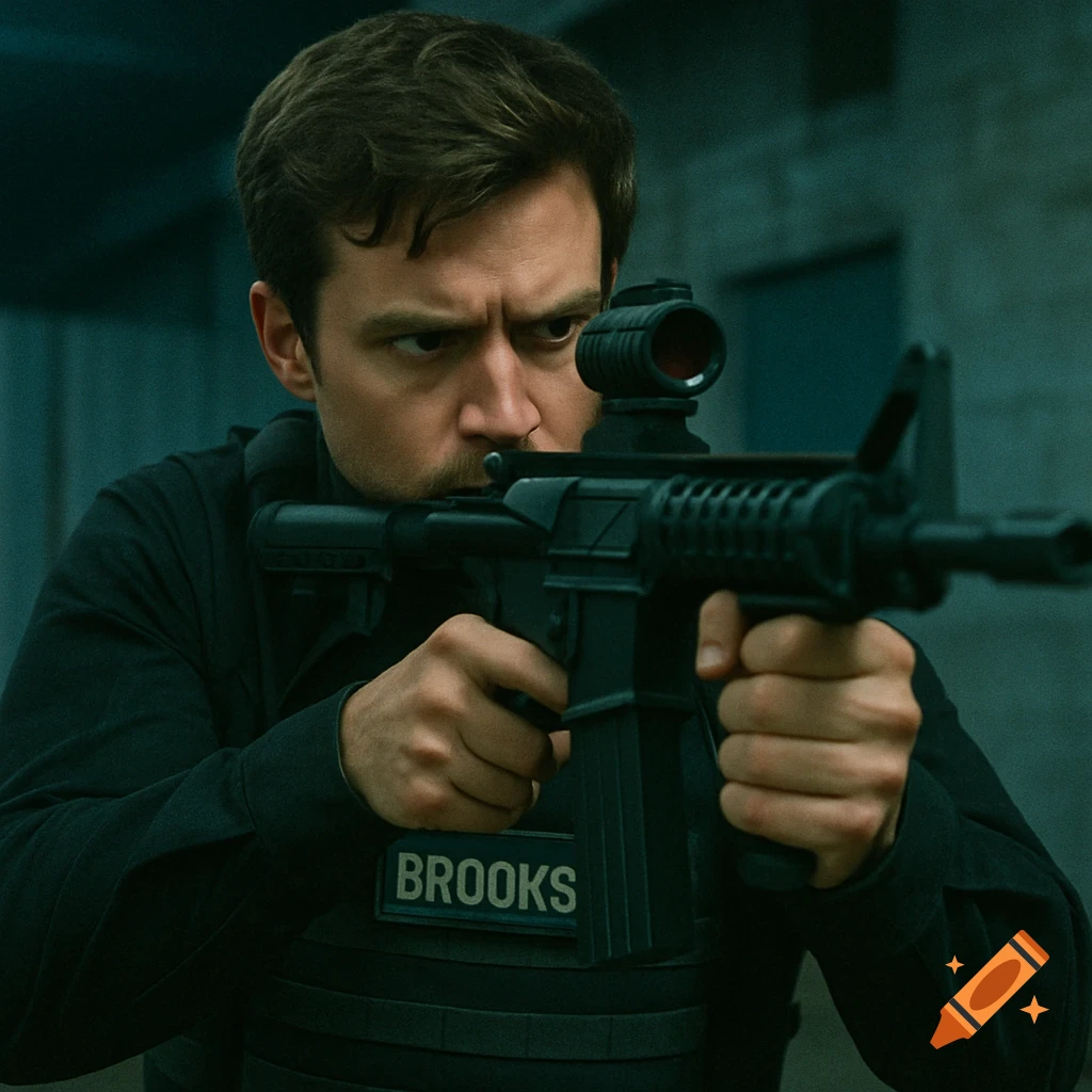 Photorealistic shot of a white male in a black tactical uniform and ...