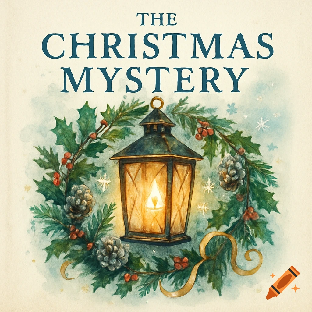 Watercolor Christmas book cover with a lit lantern, holly wreath ...