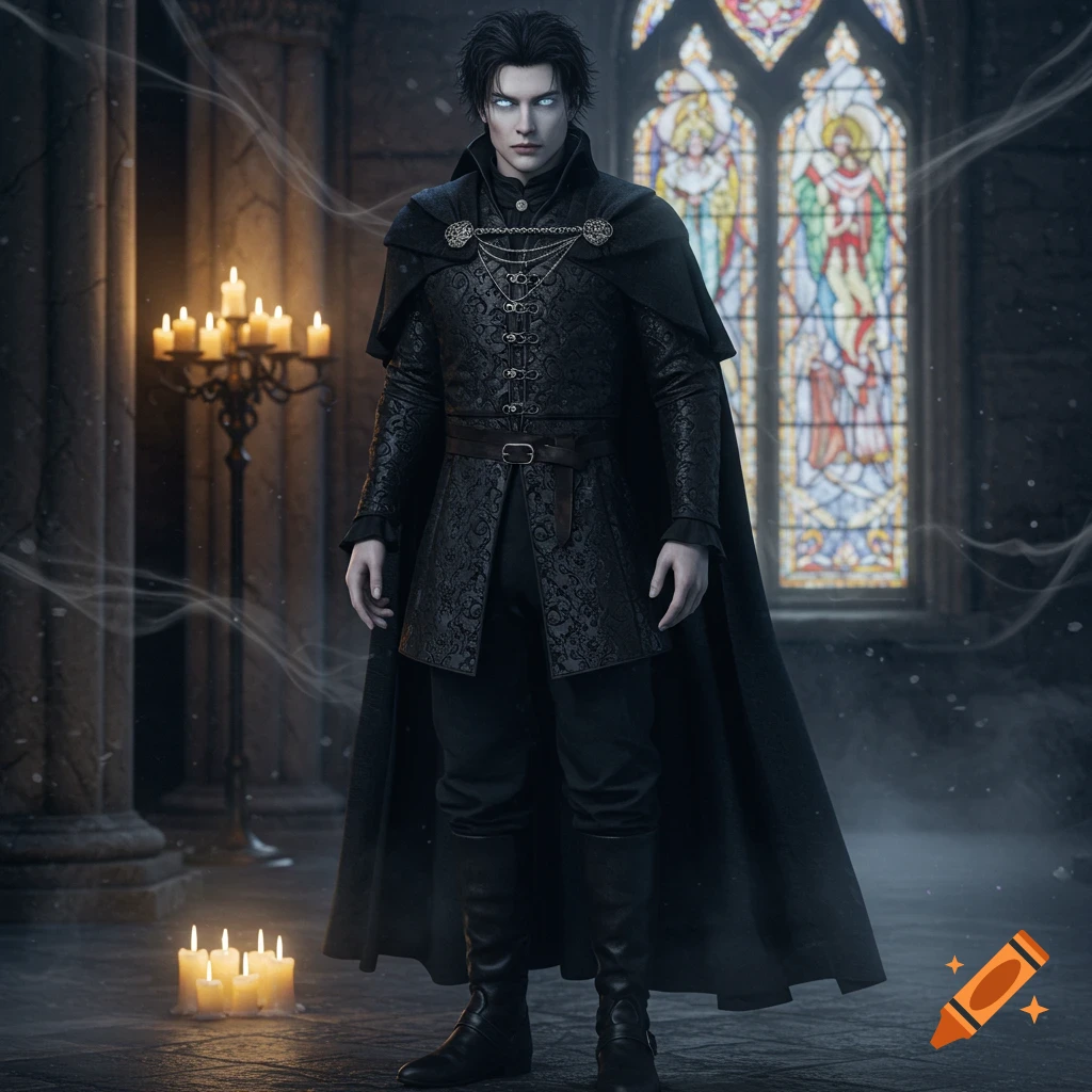 A realistic portrait of a pale young man in dark gothic attire with icy ...