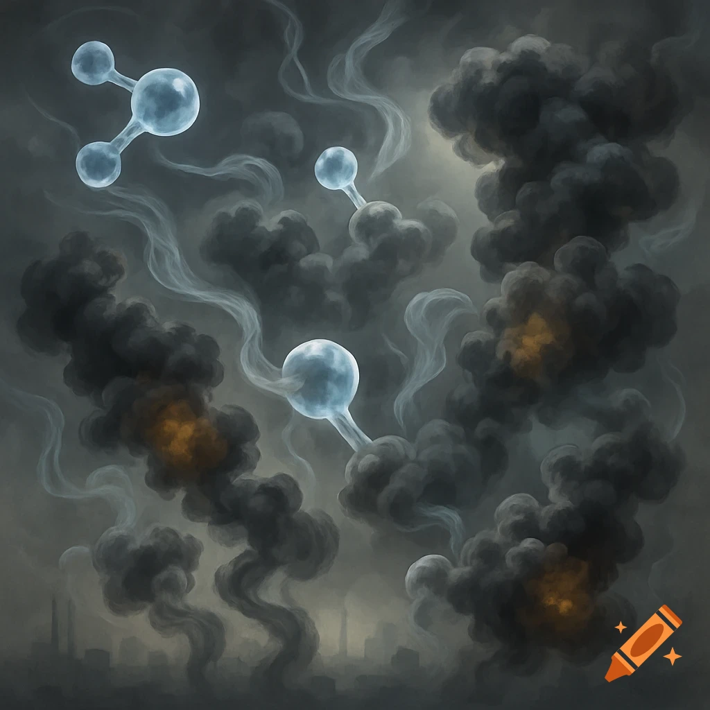 Illustration of light blue molecules floating through dark, dense smoke ...