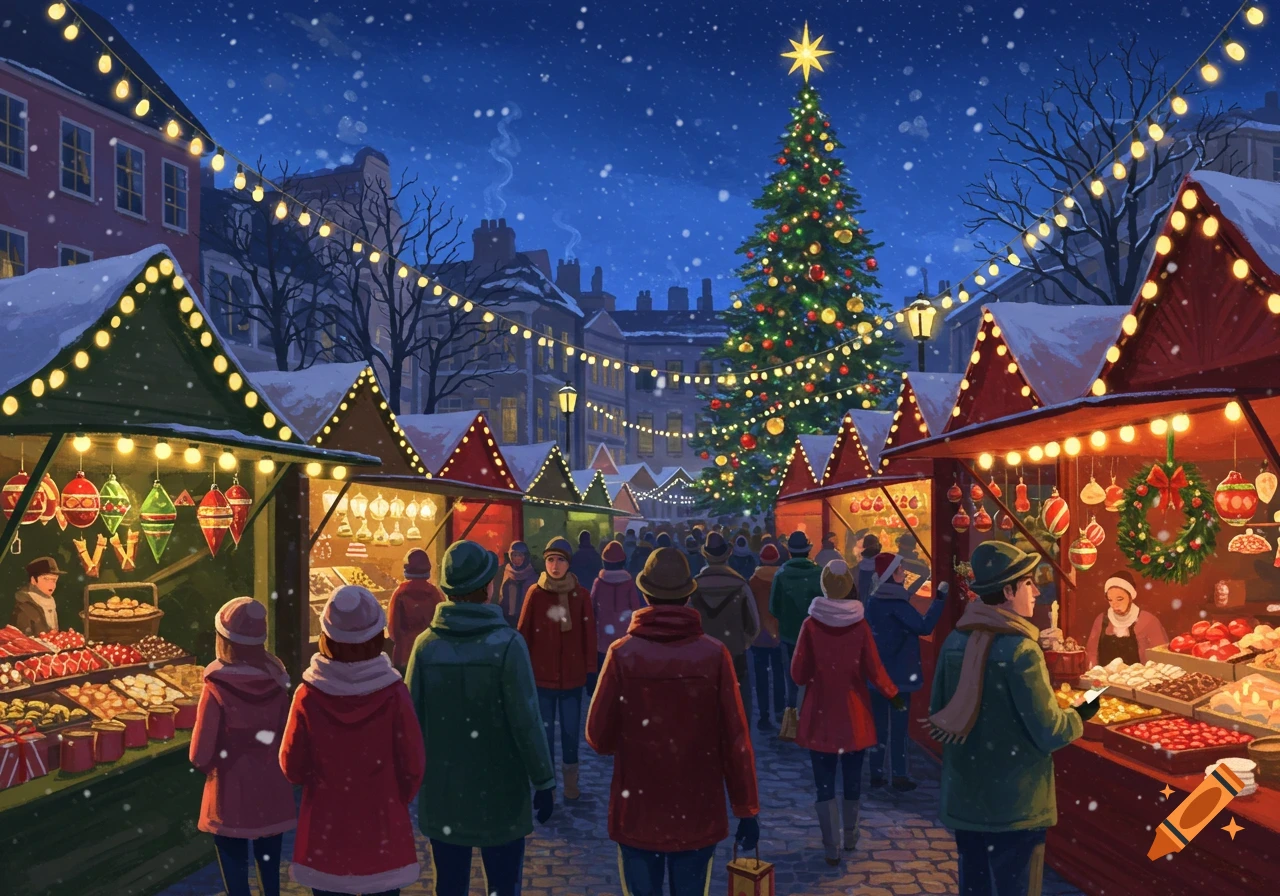 A festive, snow-covered Christmas market at night, illuminated by ...