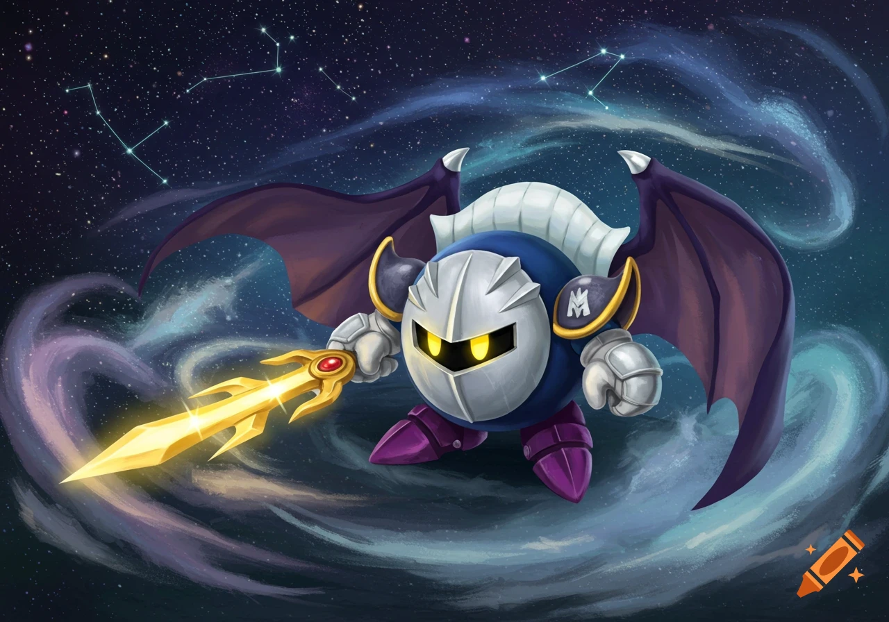 Meta Knight, a dark knight from Kirby, stands in space holding a ...